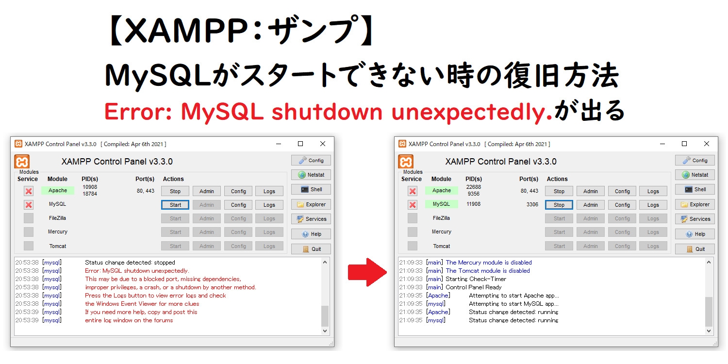 XAMPPでデータベース接続確立エラーが突然出た...XAMPPの再インストールとデータベースの修復方法。